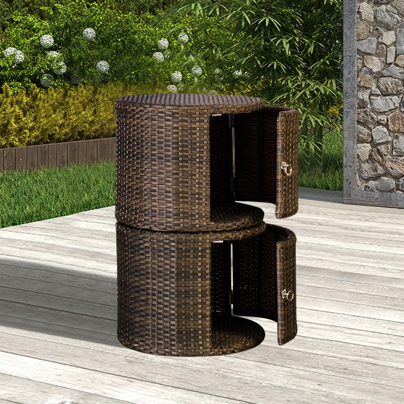 Outdoor Round Side Table with Storage 1-Door Garden Storage Rattan-Homary