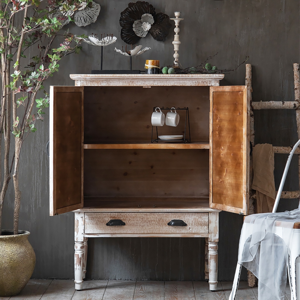 Distressed White Buffet Table with Storage 2 Doors & 1 Door-Homary