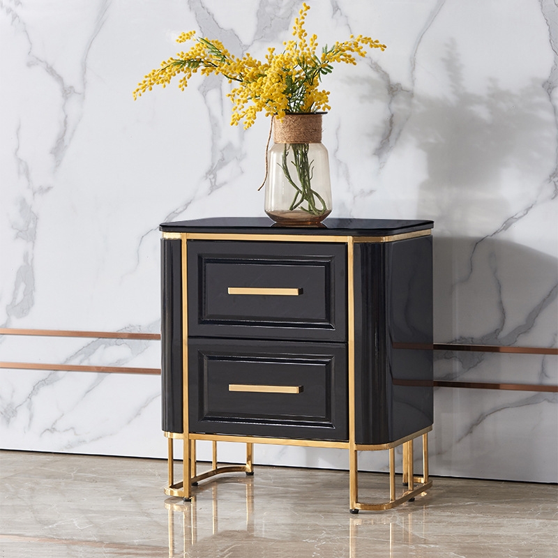 Black 2 Drawer Nightstand Modern Side Table for Bed Wood Stainless ...