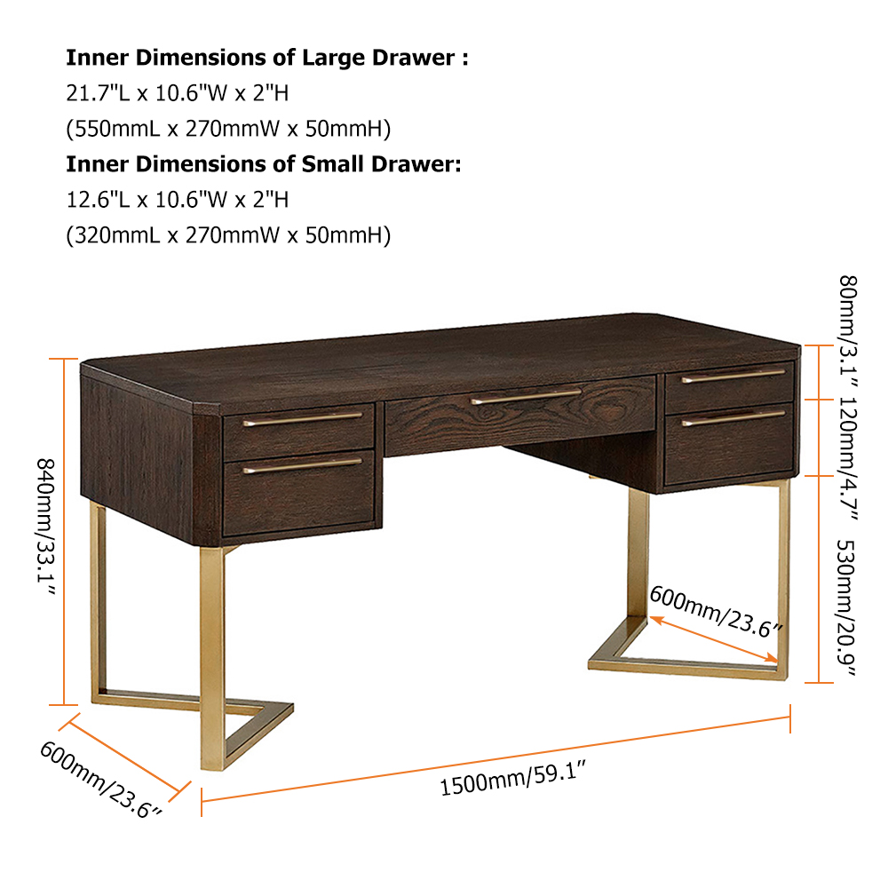 5-Drawer Walnut Writing Desk Large Computer Desk with Gold Base-Homary