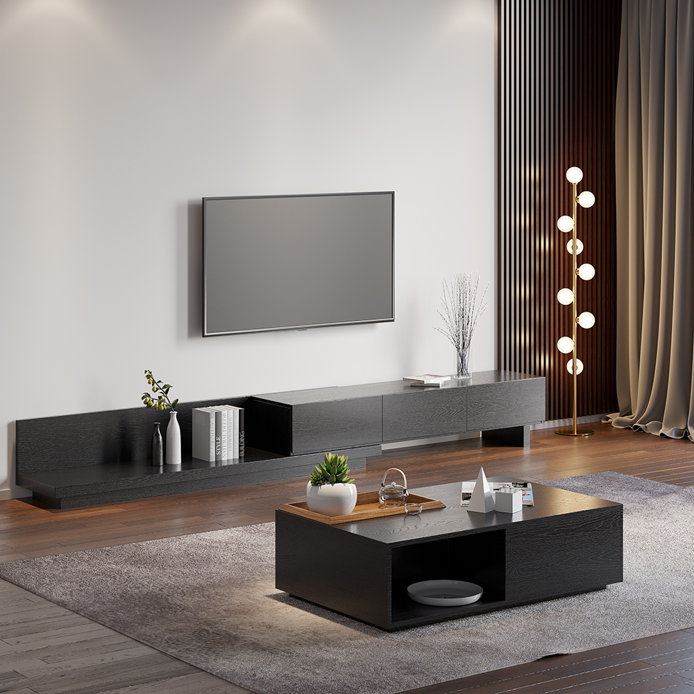 Kayla Rectangle Wood Extendable TV Stand Black Media Console with 3 ...