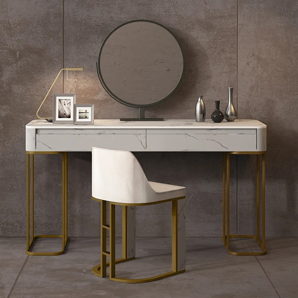 Contemporary White Stone Top Vanity Set with Stool and Mirror-Homary
