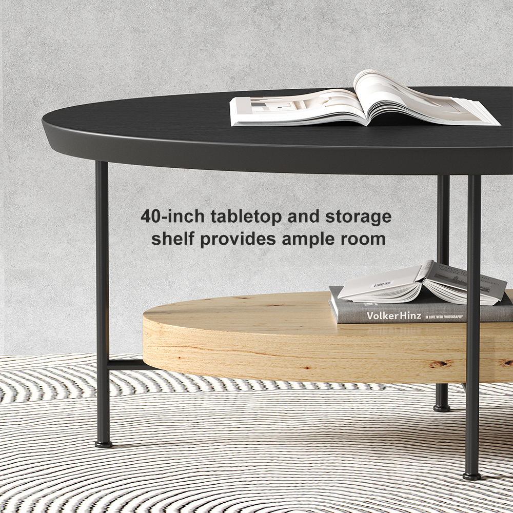 39" Modern Black & Natural Coffee Table with Storage Shelf Light Wood ...