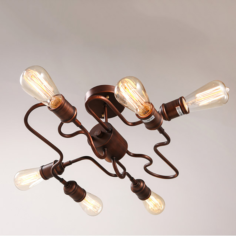 6-Light Retro Rust Semi Flush Mount Light with Bulbs-Homary
