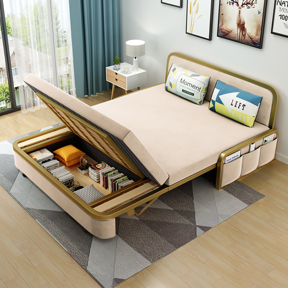 Modern Convertible Sofa Bed with Storage Velvet Upholstery in Beige ...