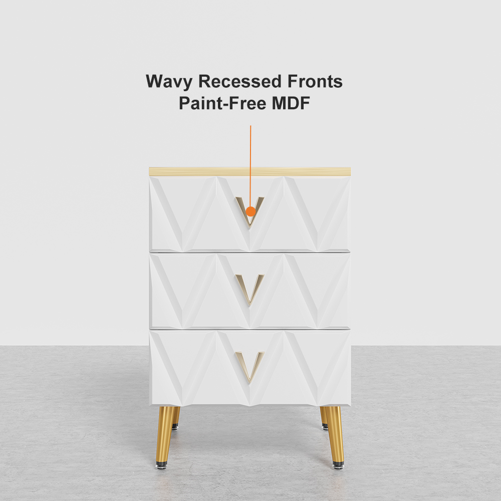 Nordic White Nightstand 3-Drawer V-Shaped Gold Pulls in Large - Bedroom ...