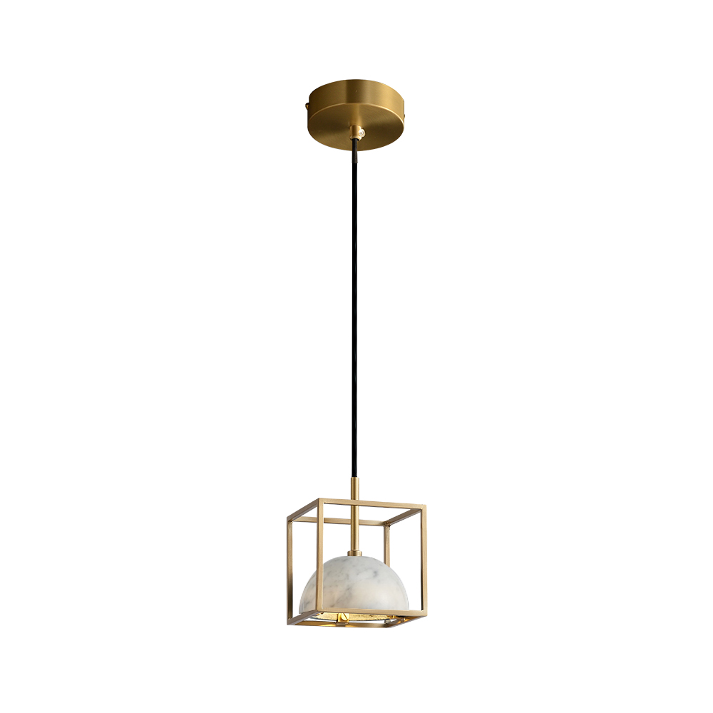 Brass Geometric Pendant Light with White Faux Marble Shade-Homary