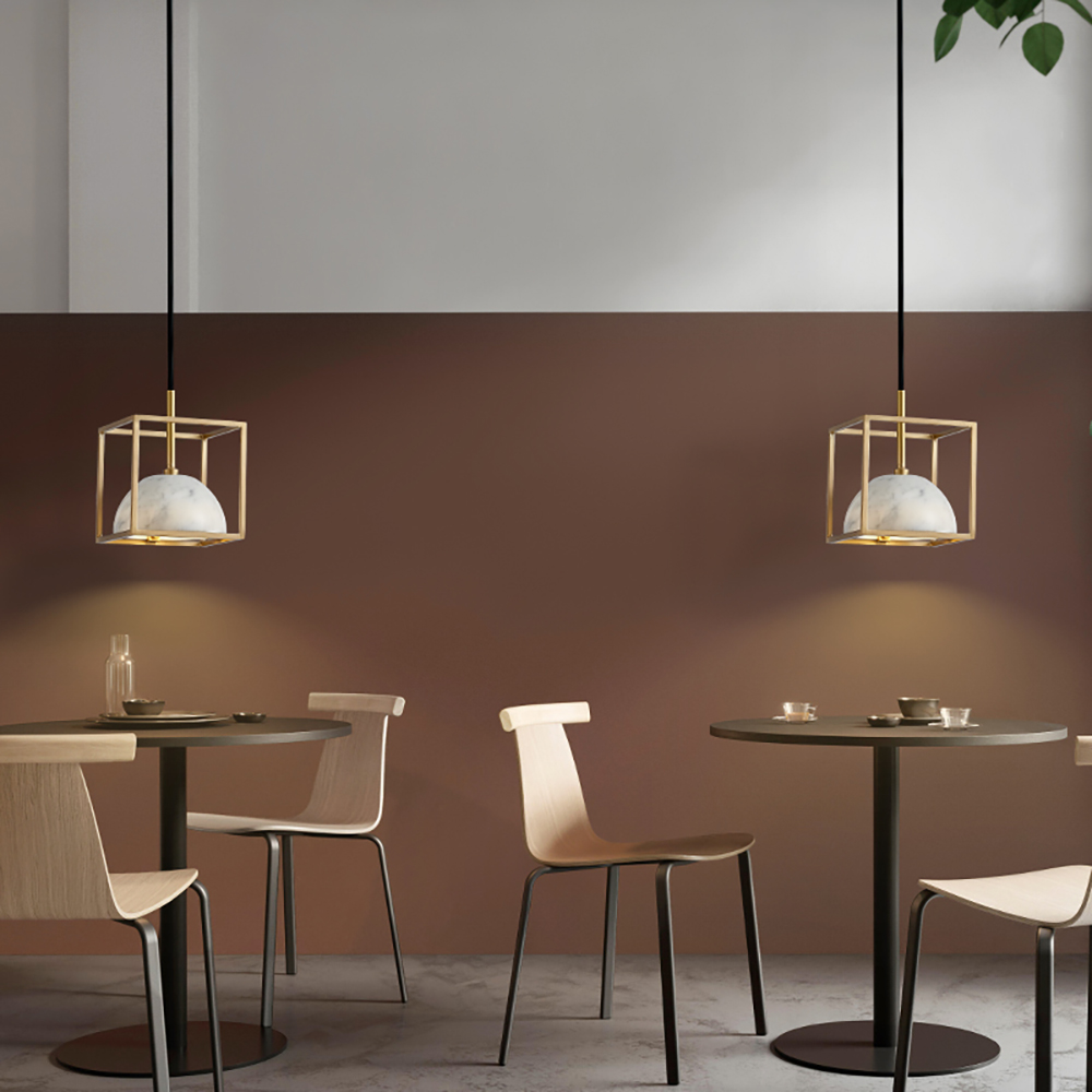 Brass Geometric Pendant Light with White Faux Marble Shade-Homary