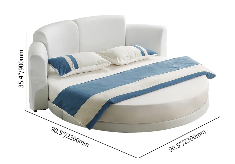 White Round Platform Bed Faux Leather Upholstered Bed with LED Light-Homary