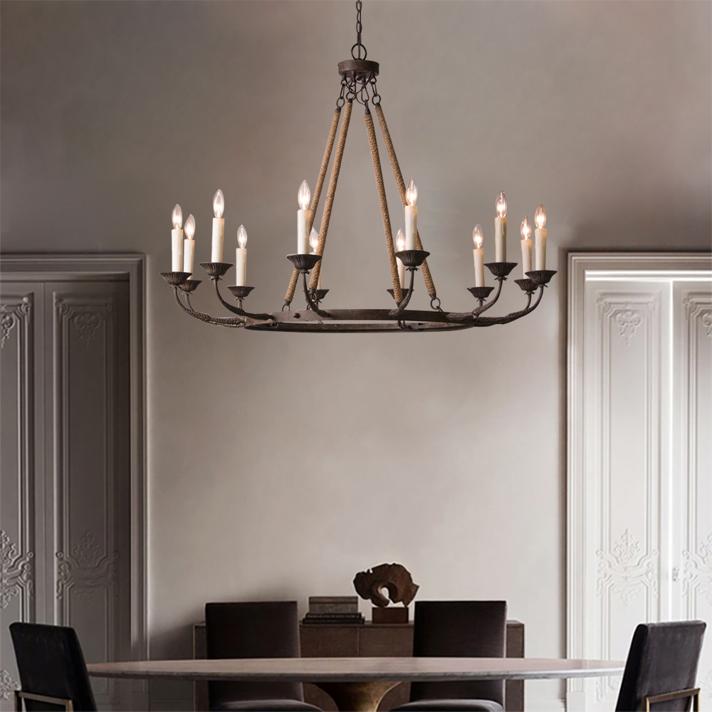 Candlely Vintage 12-Light Candelabra Wagon Wheel Chandelier with Flaxen ...