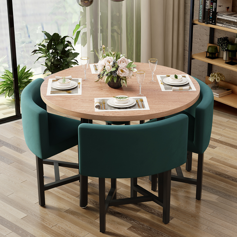 40" Round Wooden Nesting Dining Table Set for 4 Green Upholstered ...