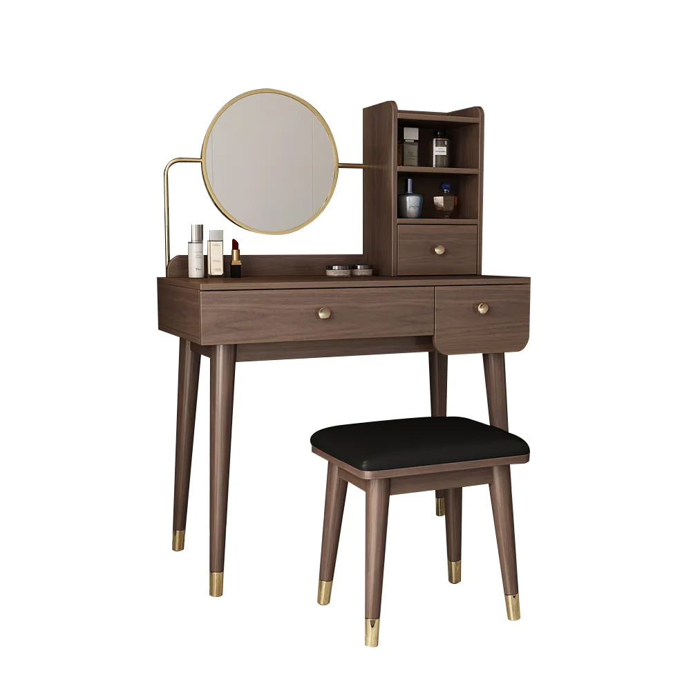 2 Pieces Minimalist Makeup Vanity Set in Walnut with Mirror & Stool-Homary