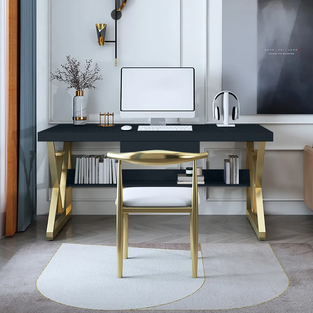 Modern Black Writing Desk with Drawer & Shelf Wood Top & Metal Frame ...