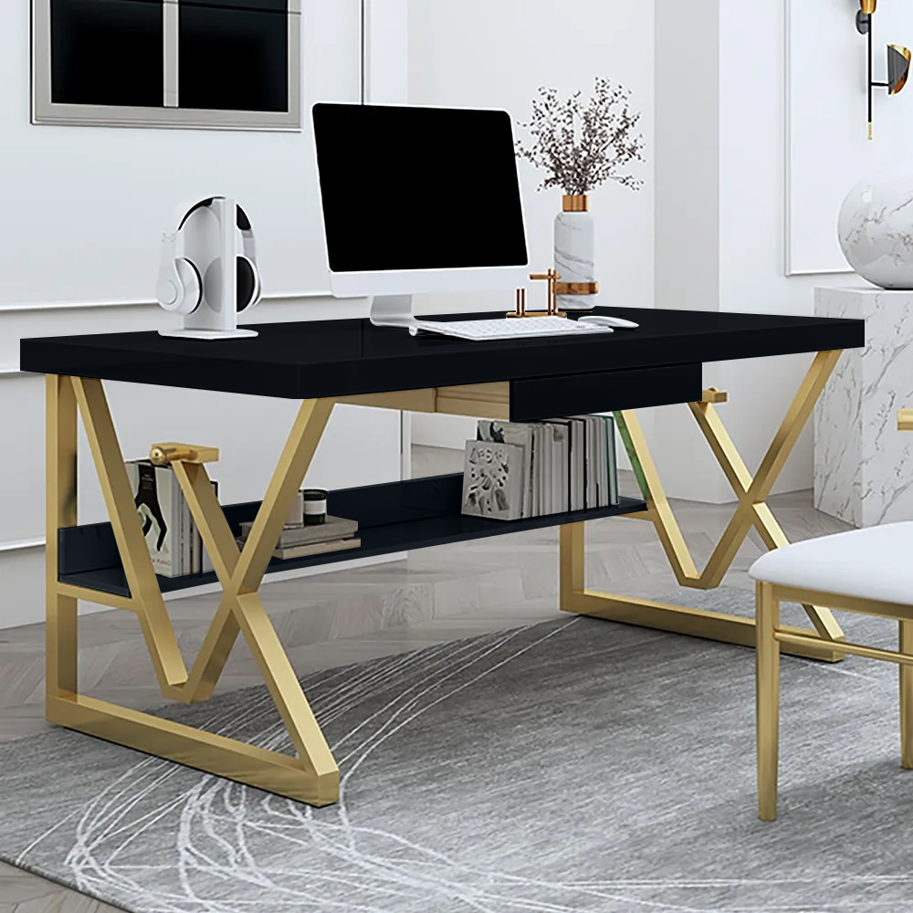 Modern Black Writing Desk with Drawer & Shelf Wood Top & Metal Frame-Homary
