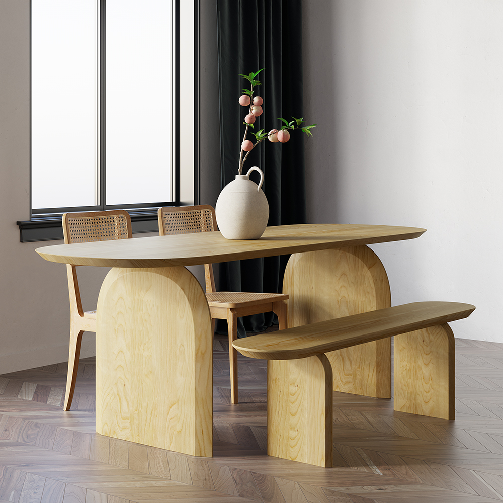 Farmhouse 51" Dining Bench Oval Solid Wood in Natural Double Pedestals ...