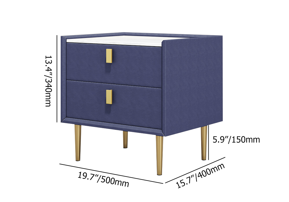 Modern Blue Nightstand 2 Drawers PU Leather Nightstand with Gold Metal ...