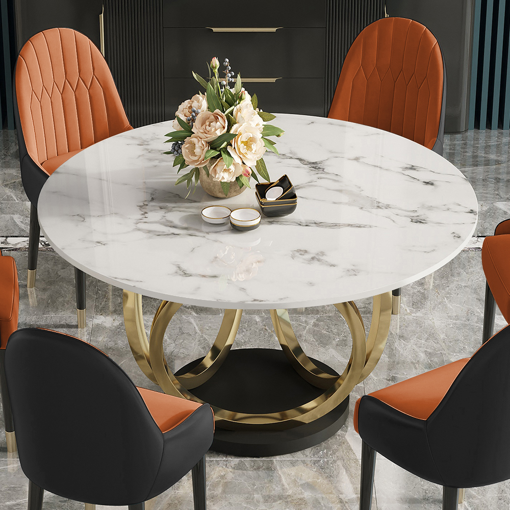 53.1" Contemporary Round Dining Table Set of 7 with Upholstered Chairs ...