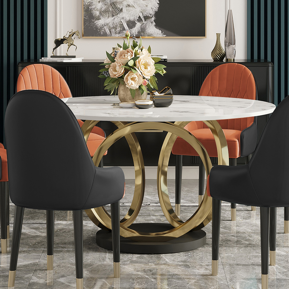 53.1" Contemporary Round Dining Table Set of 7 with Upholstered Chairs ...