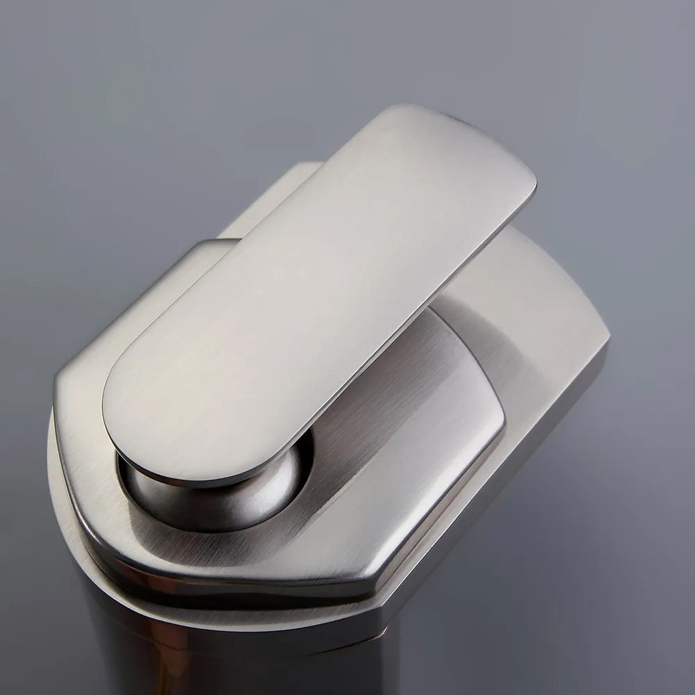 Modern Mono Waterfall Bathroom Basin Tap Lever Handle in Brushed Nickel ...