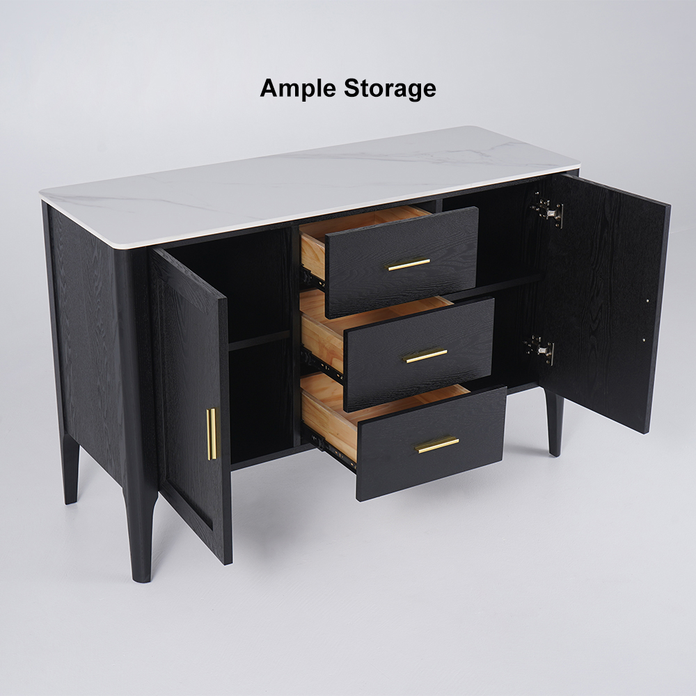 Modern Black Stone Top Buffet Drawers & 2 Doors Kitchen Cabinet Gold ...