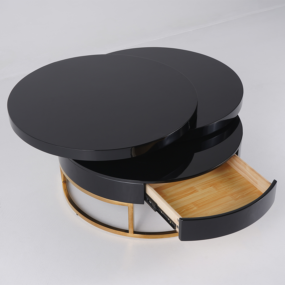 Black Round Modern Swivel Coffee Table with Storage Gold Steel Base-Homary