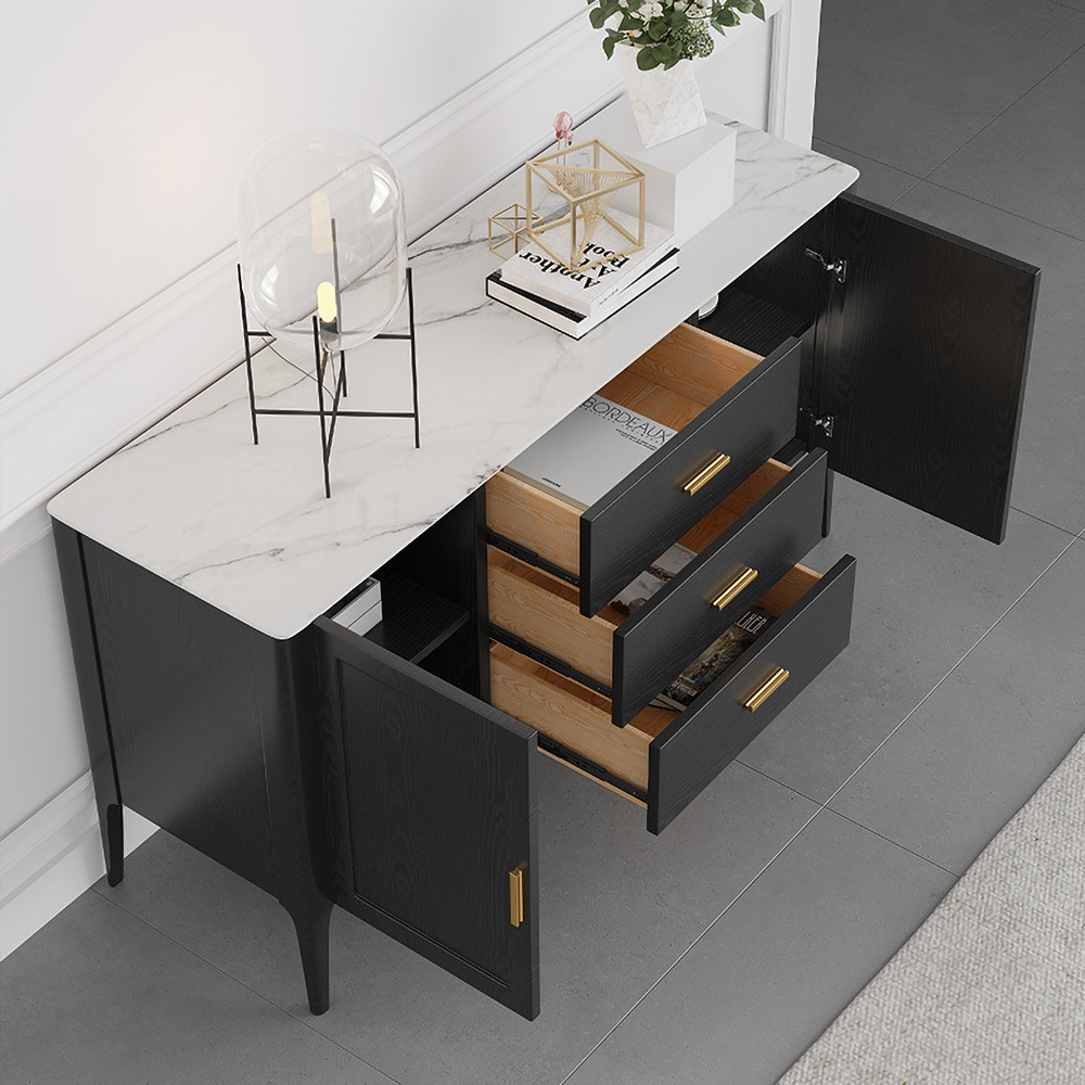 Modern Black Stone Top Buffet Drawers & 2 Doors Kitchen Cabinet Gold ...