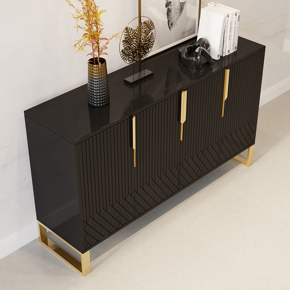 Aro Modern Black Wood Sideboard Cabinet 4 Doors for Kitchen Storage ...