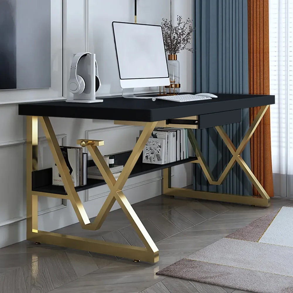 Modern Black Writing Desk with Drawer & Shelf Wood Top & Metal Frame ...