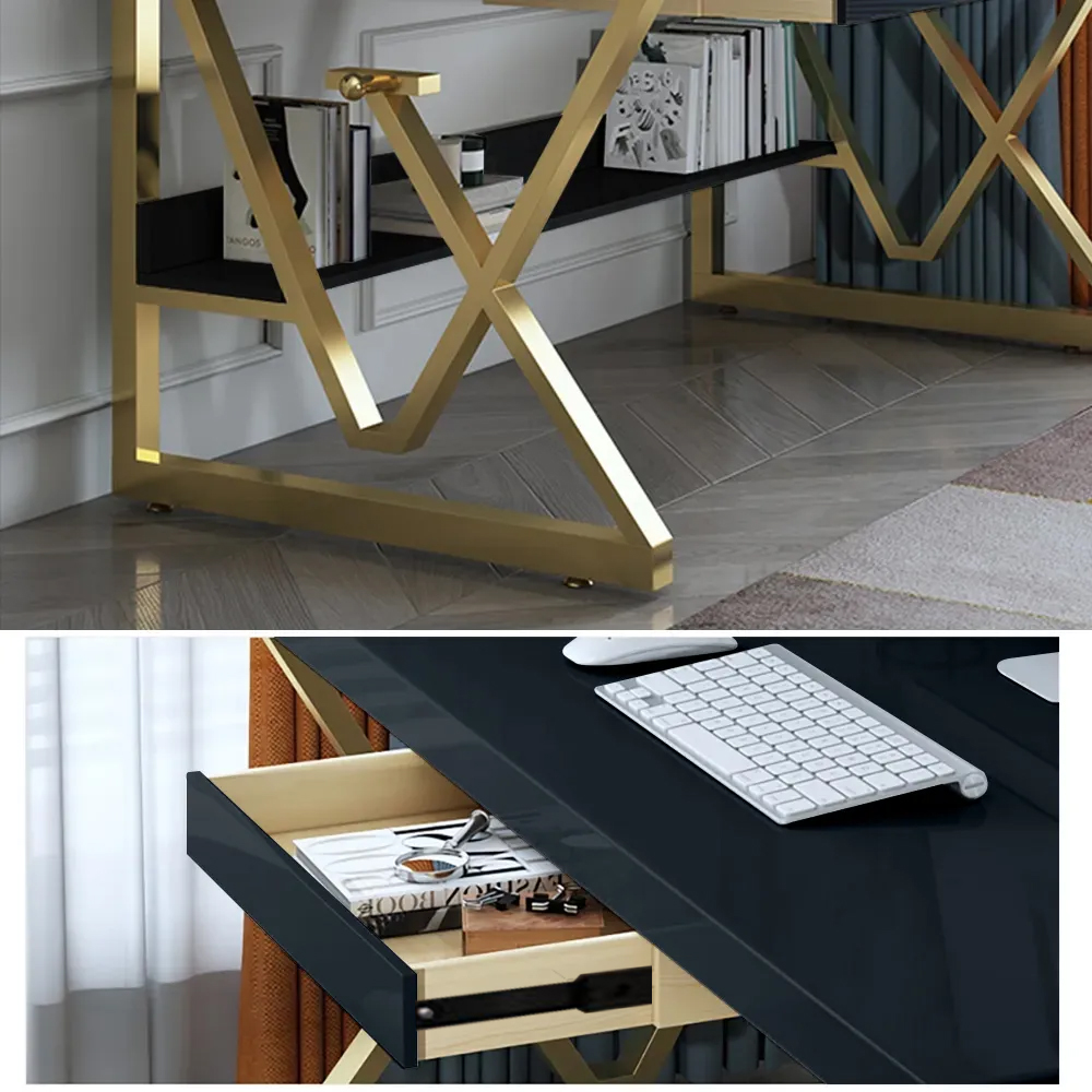 Modern Black Writing Desk with Drawer & Shelf Wood Top & Metal Frame ...