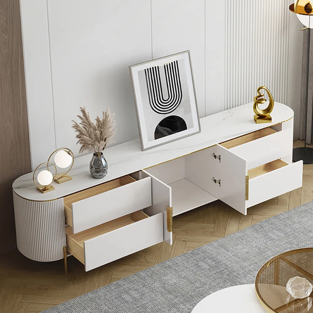 2200mm Modern Elegant Oval TV Console with Drawers & Doors in White ...