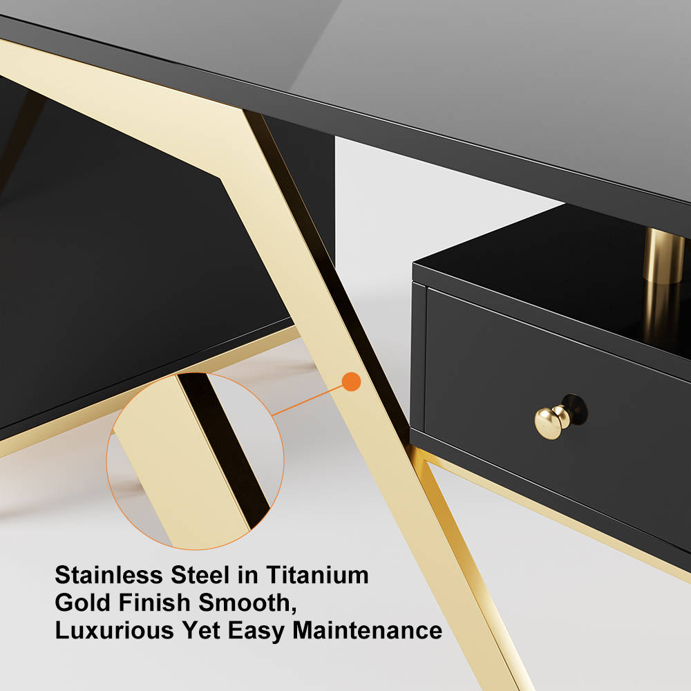 55" Modern Black and Gold Office Wooden Writing Desk with Storage File ...