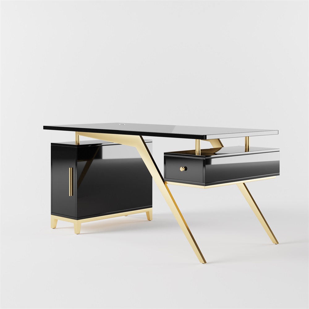 55" Modern Black and Gold Office Wooden Writing Desk with Storage File ...