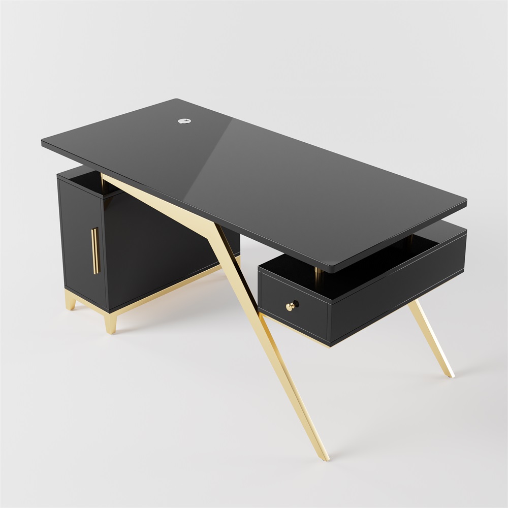55" Modern Black and Gold Office Wooden Writing Desk with Storage File ...