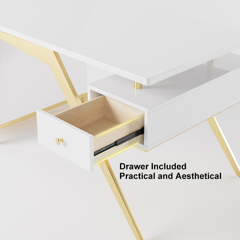 55" Ultra Modern White and Gold Computer Writing Desk with Storage ...