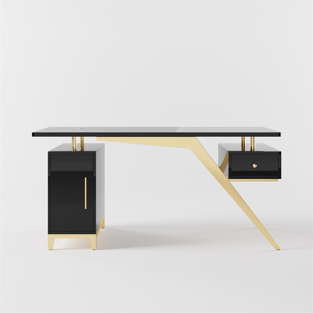 55" Modern Black and Gold Office Wooden Writing Desk with Storage File ...