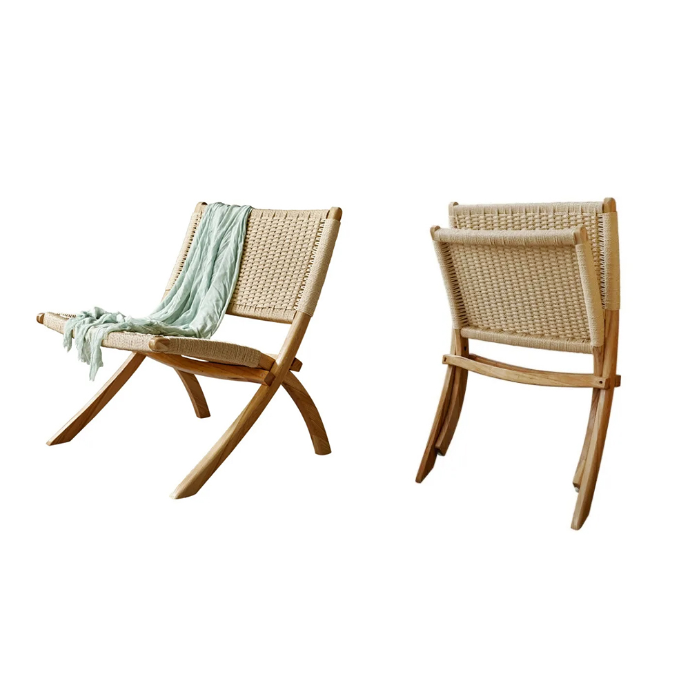 Rustic Folding Recliner Chair Ash Wood Woven Hemp Rope Back & Seat in ...