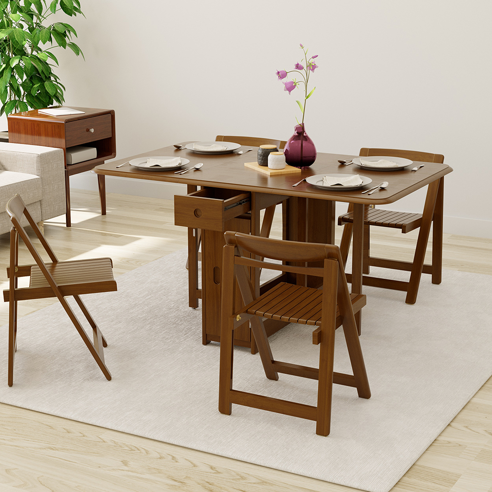 57" Modern Solid Wood Folding 5 Piece Dining Table Set for 4 in Walnut ...