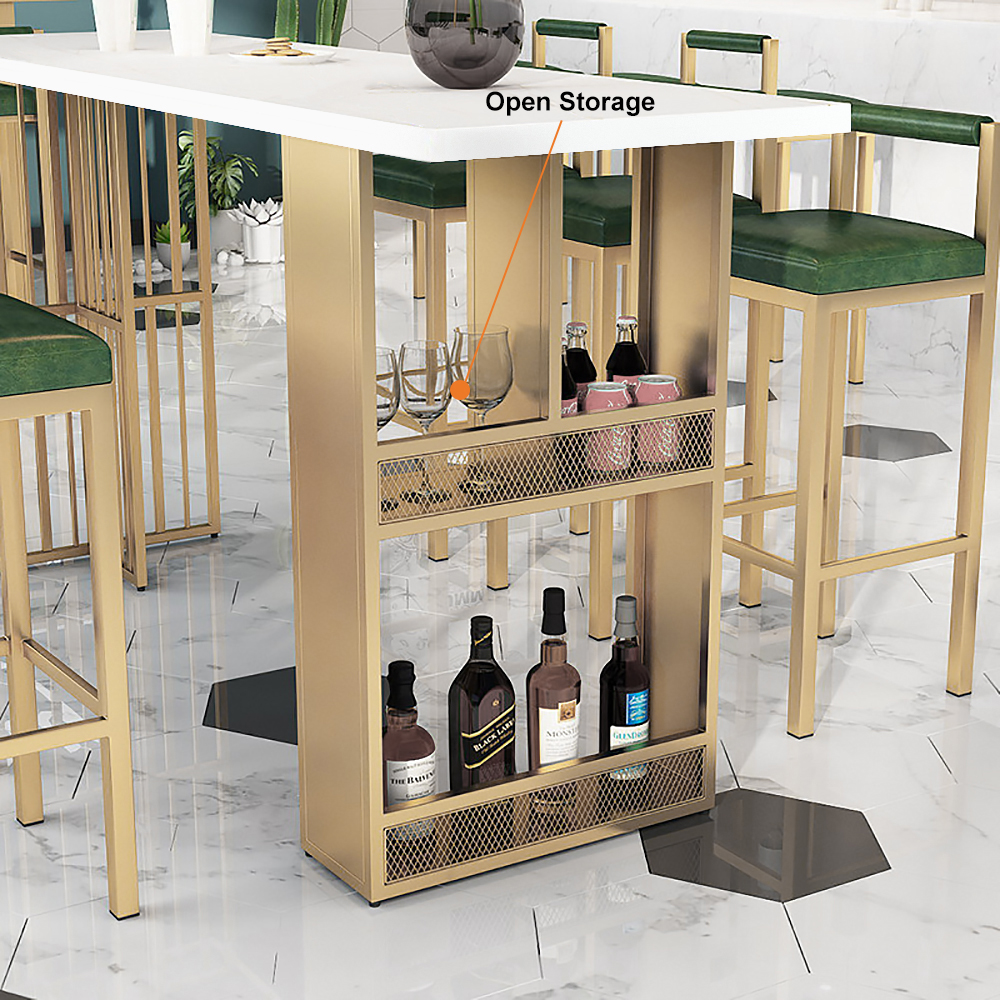 55.1" Modern White Metal Bar Height Table with Shelves & Storage in ...