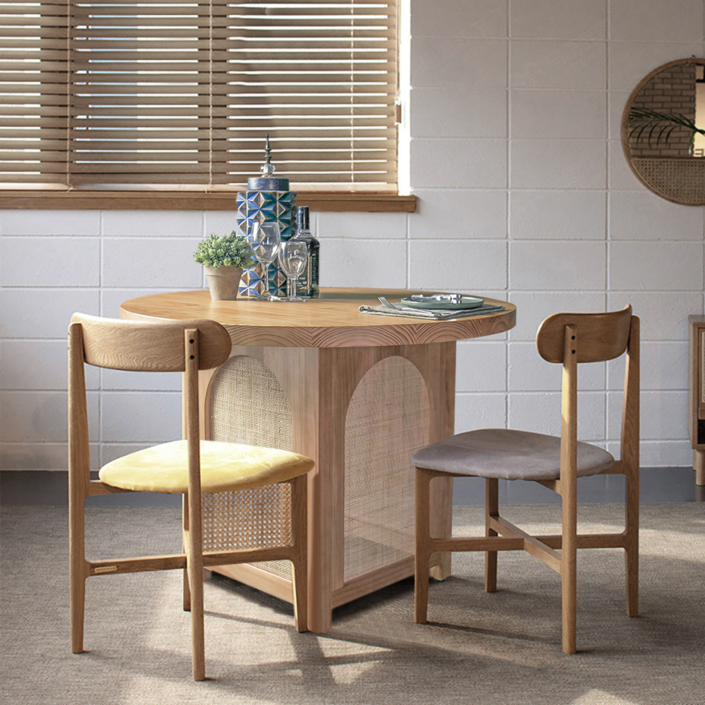 39" Farmhouse Round Cane Dining Table for 4 Pine Wood Top Natural ...