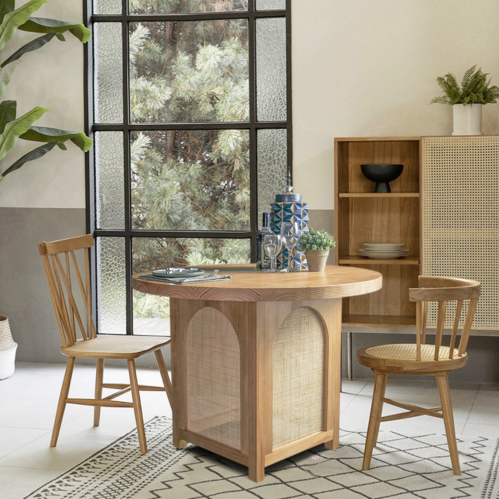 39" Farmhouse Round Cane Dining Table for 4 Pine Wood Top Natural ...