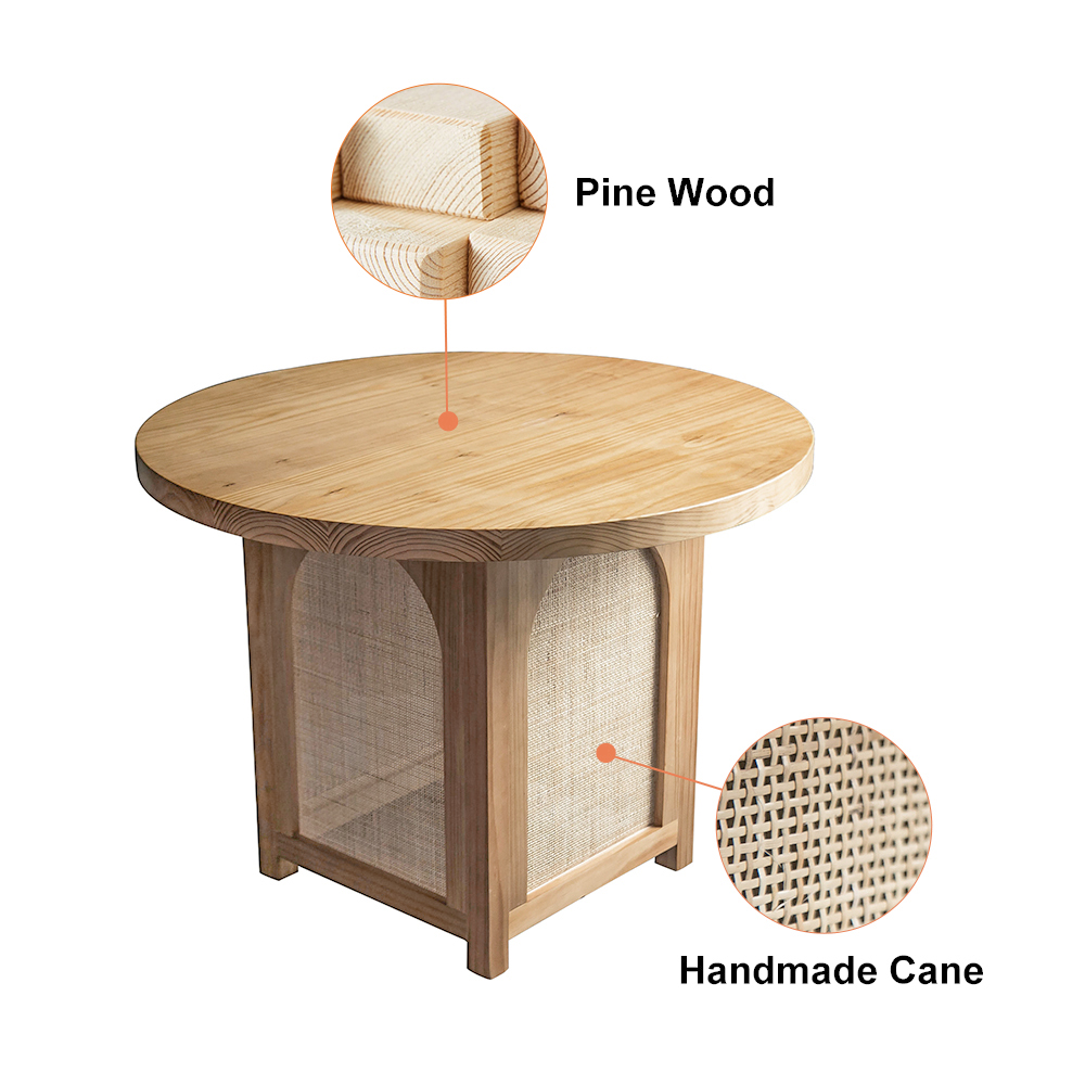 39" Farmhouse Round Cane Dining Table for 4 Pine Wood Top Natural ...