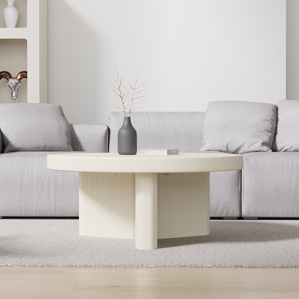 Farmhouse White Fluted Coffee Table With Round Wood Tabletop - Living ...