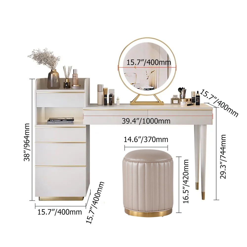 Off-white Makeup Vanity Set Dressing Table with Lighted Mirror Cabinet ...