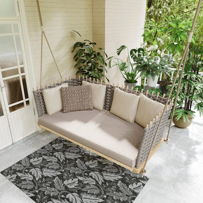 Woven Rattan Porch Handing Sofa Swing Sofa with Shiny Khaki Cushion ...
