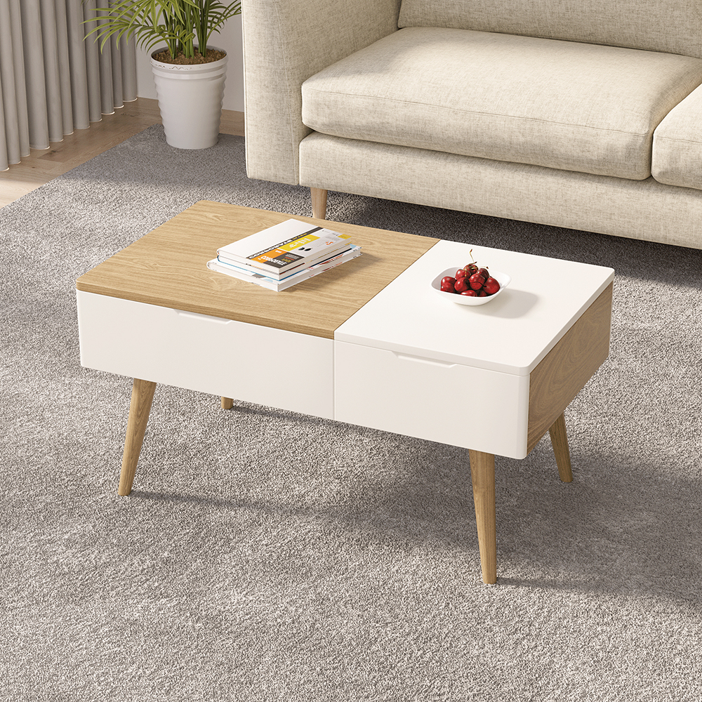Codiy White & Natural Wooden Rectangular Coffee Table with Drawer Lift ...
