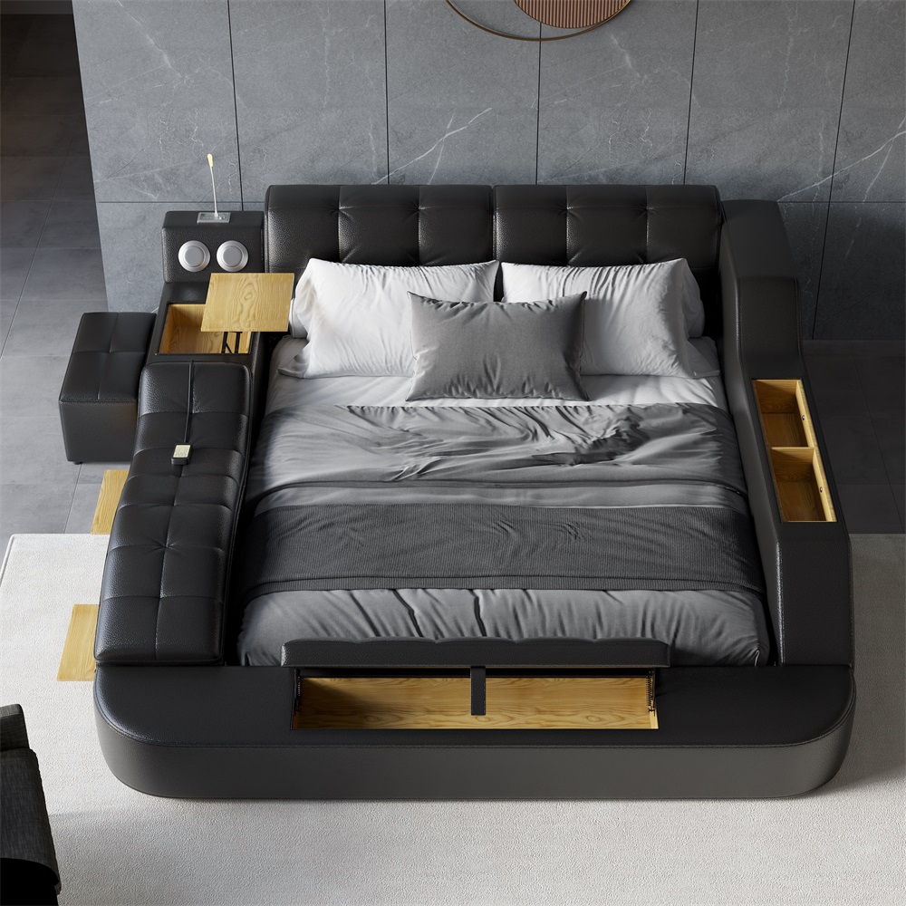 Black Smart Bed King Size Tufted Platform Bed With Massage Storage