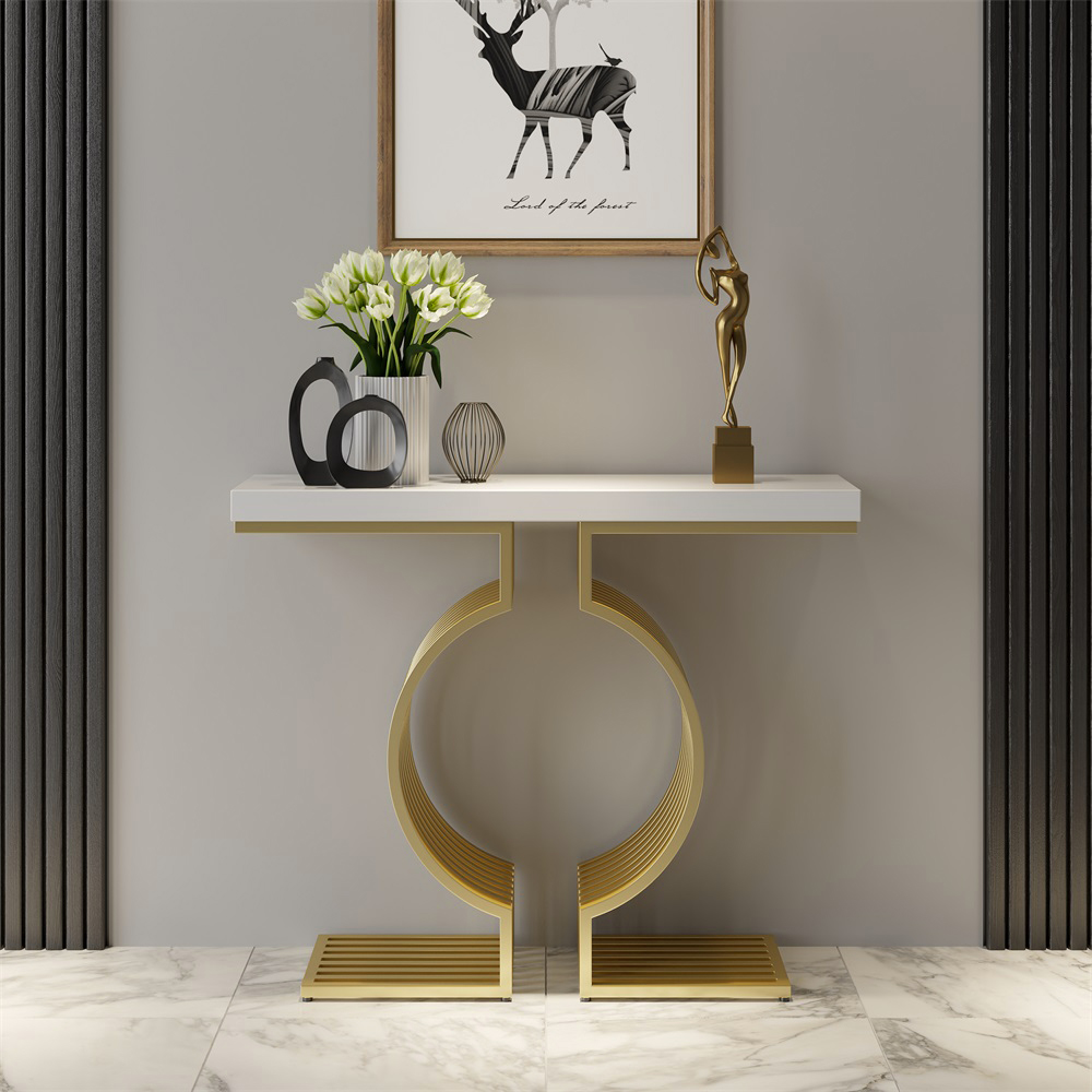 47.2" Modern White Narrow Sofa Console Table with Geometric Metal Base ...