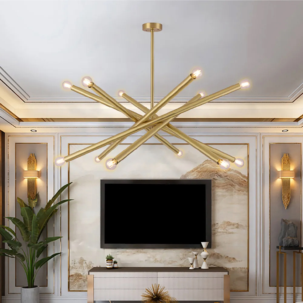 Modern Gold 12-Light Sputnik Semi Flush Mount Light with Hanging Rod ...