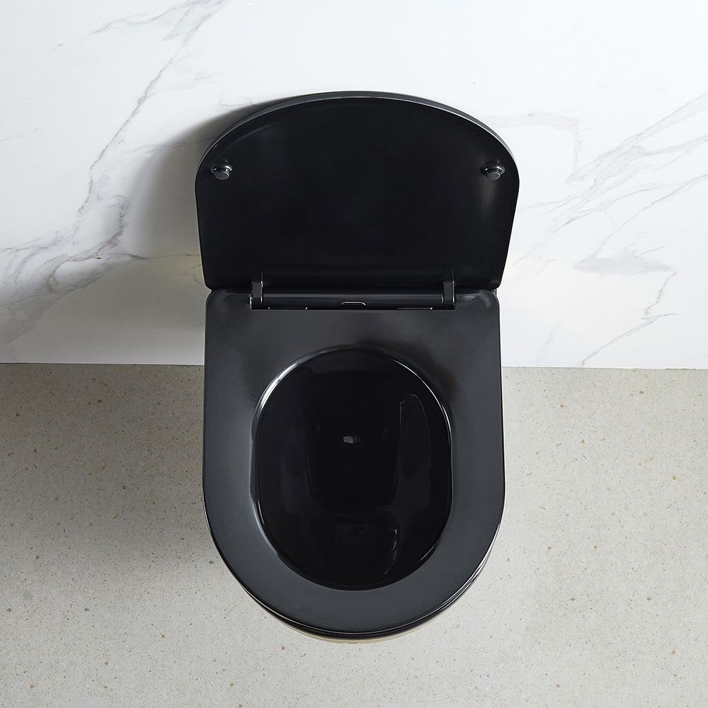 Luxury Round Wall-Mount Toilet Rimless Flushing Ceramic in Black & Gold ...