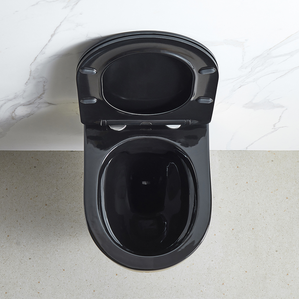 Luxury Round Wall-Mount Toilet Rimless Flushing Ceramic in Black & Gold ...